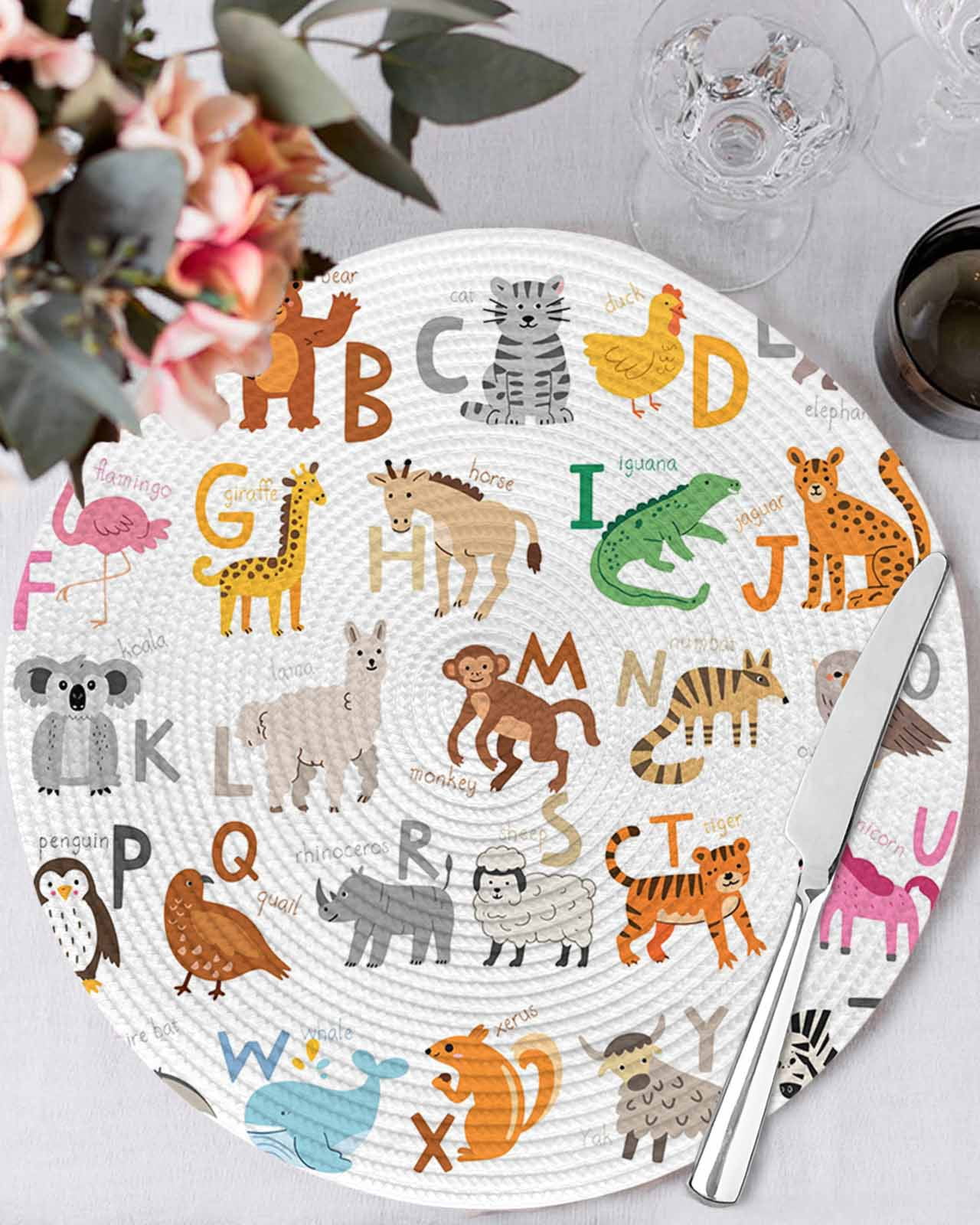 15 Inch Round Placemats Set of 6, Animals Alphabetes Non Slip Heat ...