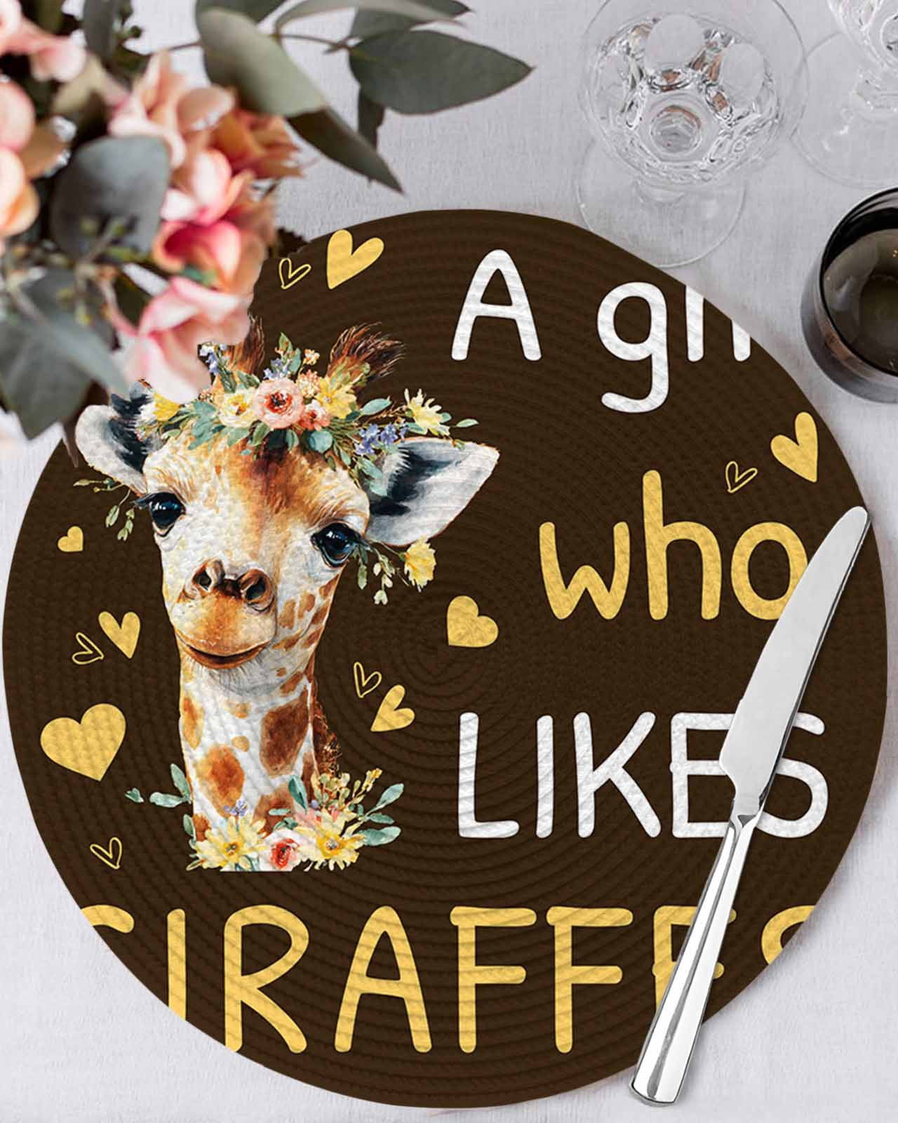 15 Inch Round Placemats Set of 6, Brown Giraffe Non Slip Heat ...