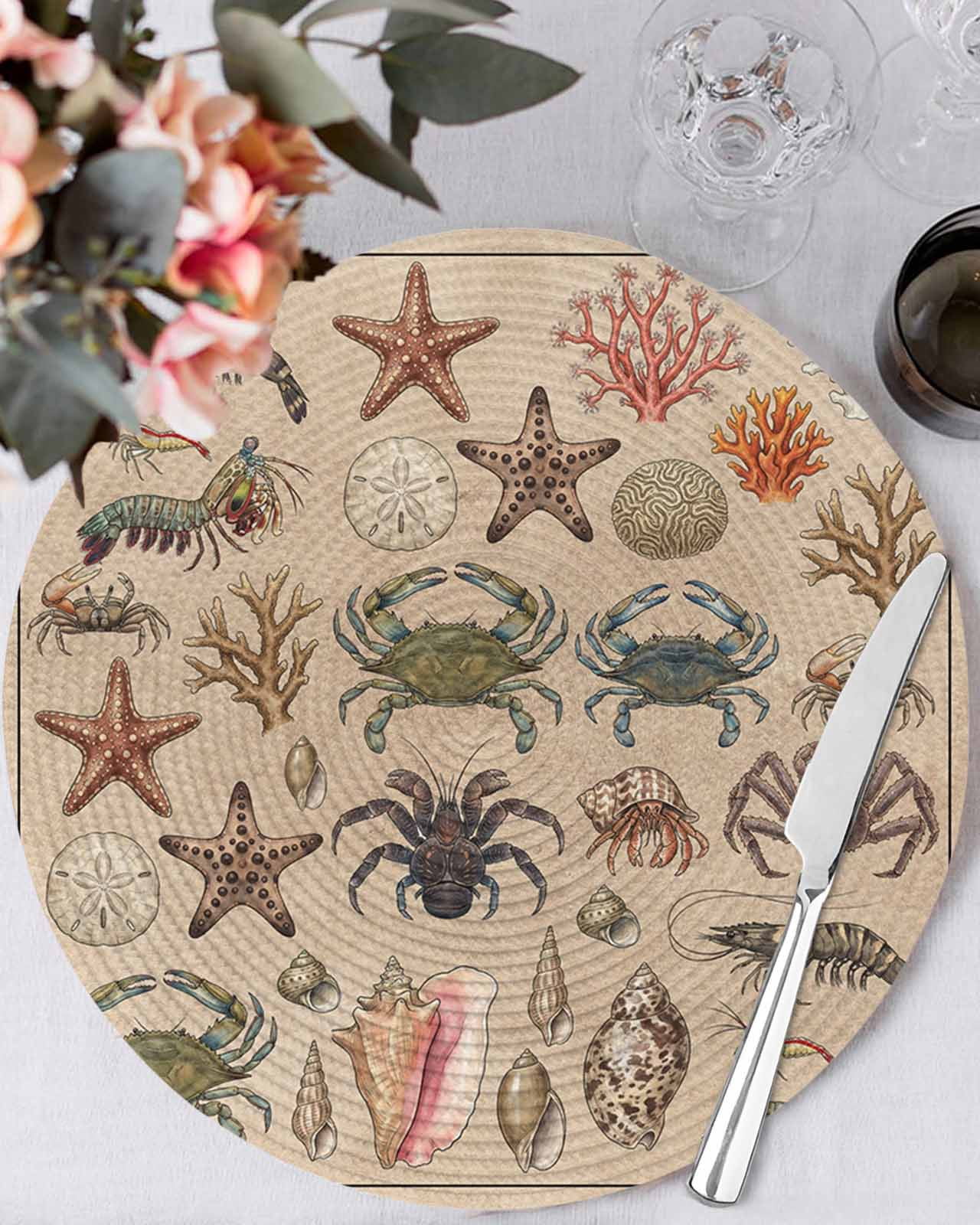 15 Inch Round Placemats Set of 6, Coastal Creature Non Slip Heat ...