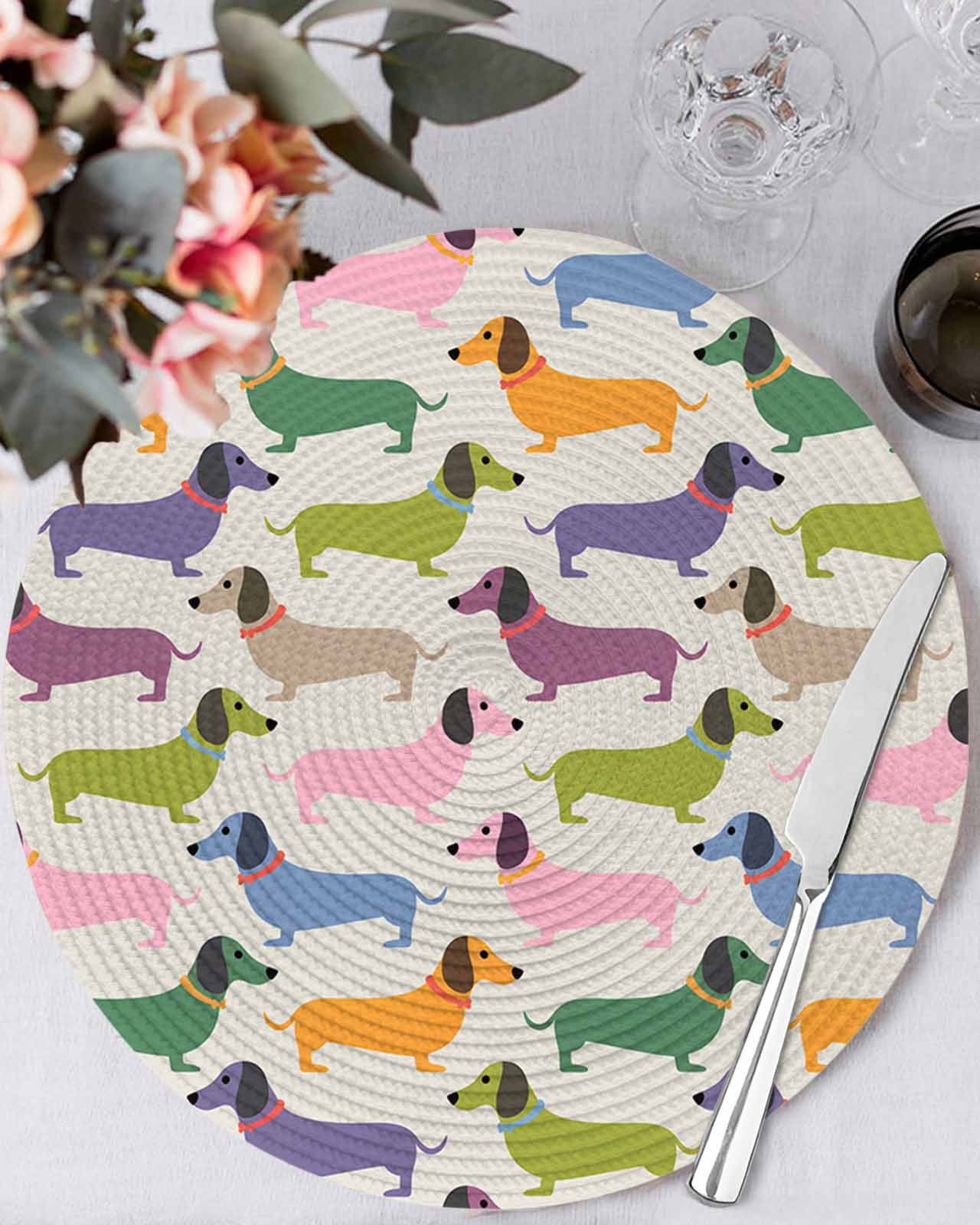 15 Inch Round Placemats Set of 6, Colorful Dogs Non Slip Heat ...
