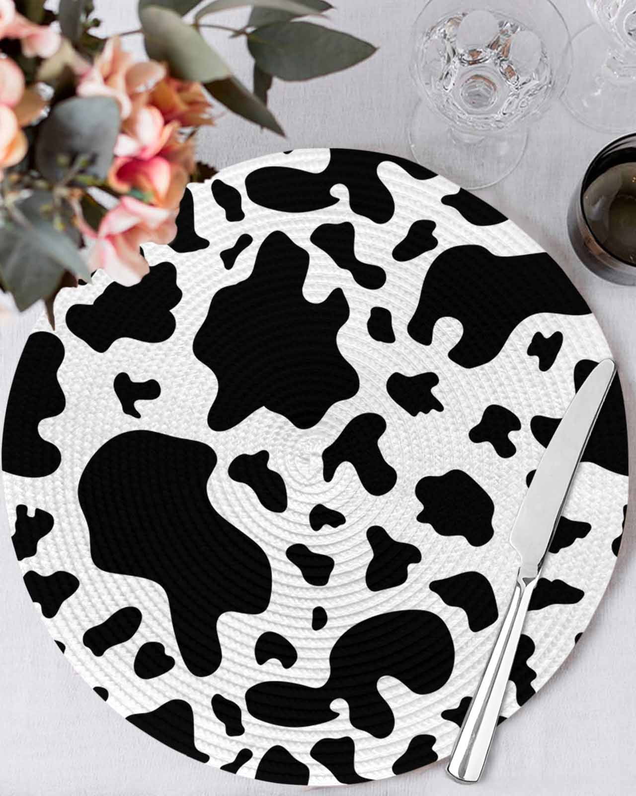 15 Inch Round Placemats Set of 6, Cow Print Non Slip Heat Insulation PP ...