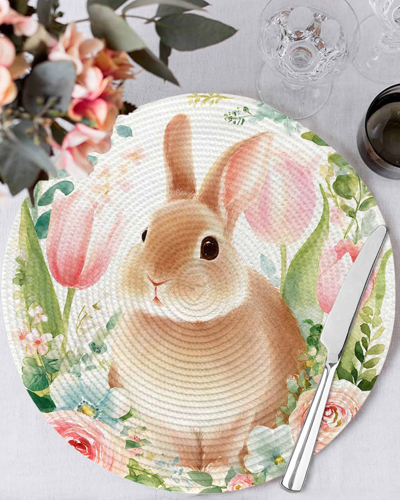 15 Inch Round Placemats Set of 6, Easter Bunny Non Slip Heat Insulation ...