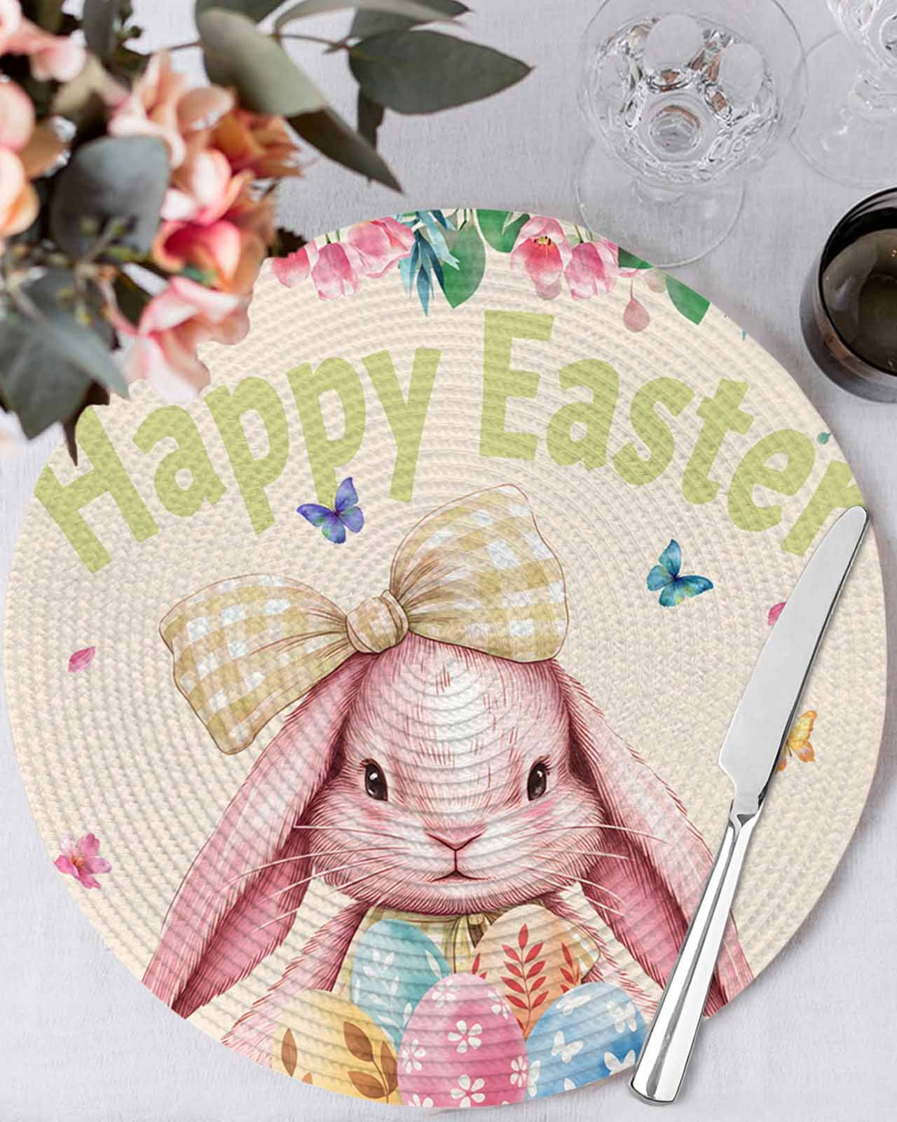 15 Inch Round Placemats Set of 6, Easter Rabbits Non Slip Heat ...