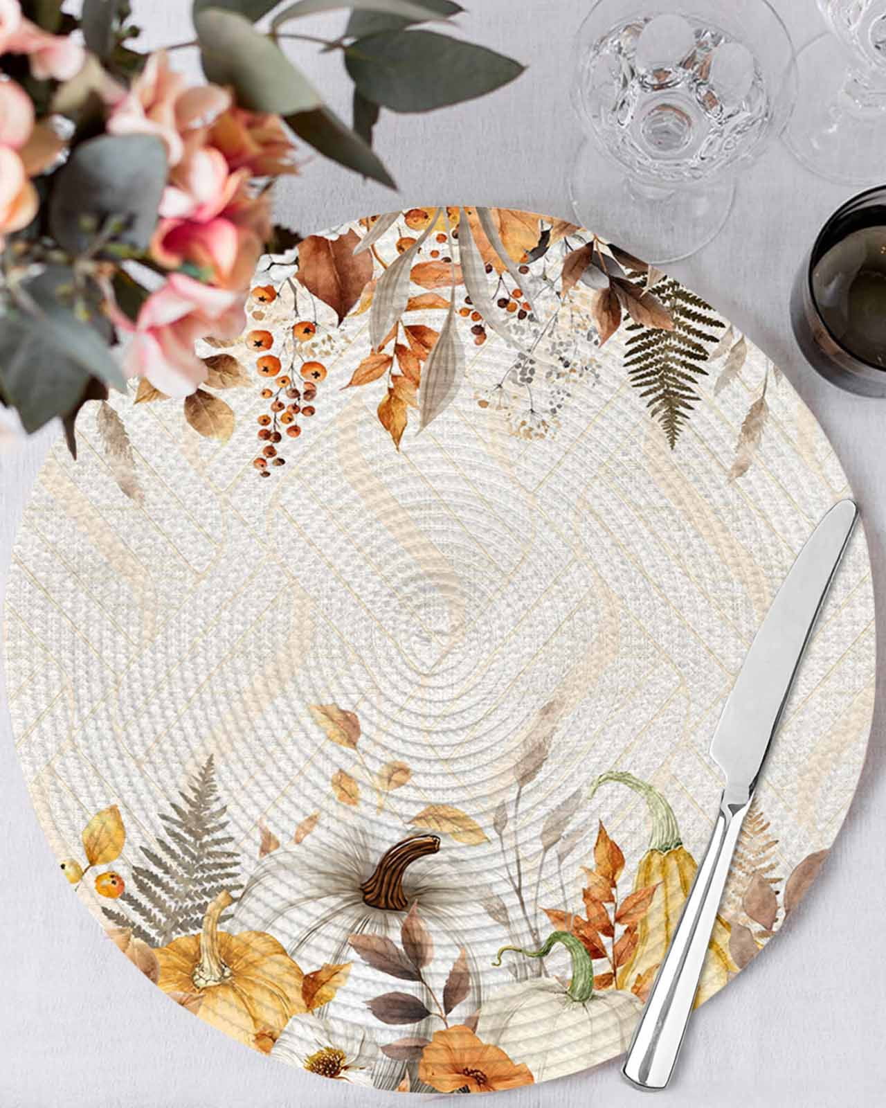 15 Inch Round Placemats Set of 6, Fall Grey Orange Non Slip Heat ...