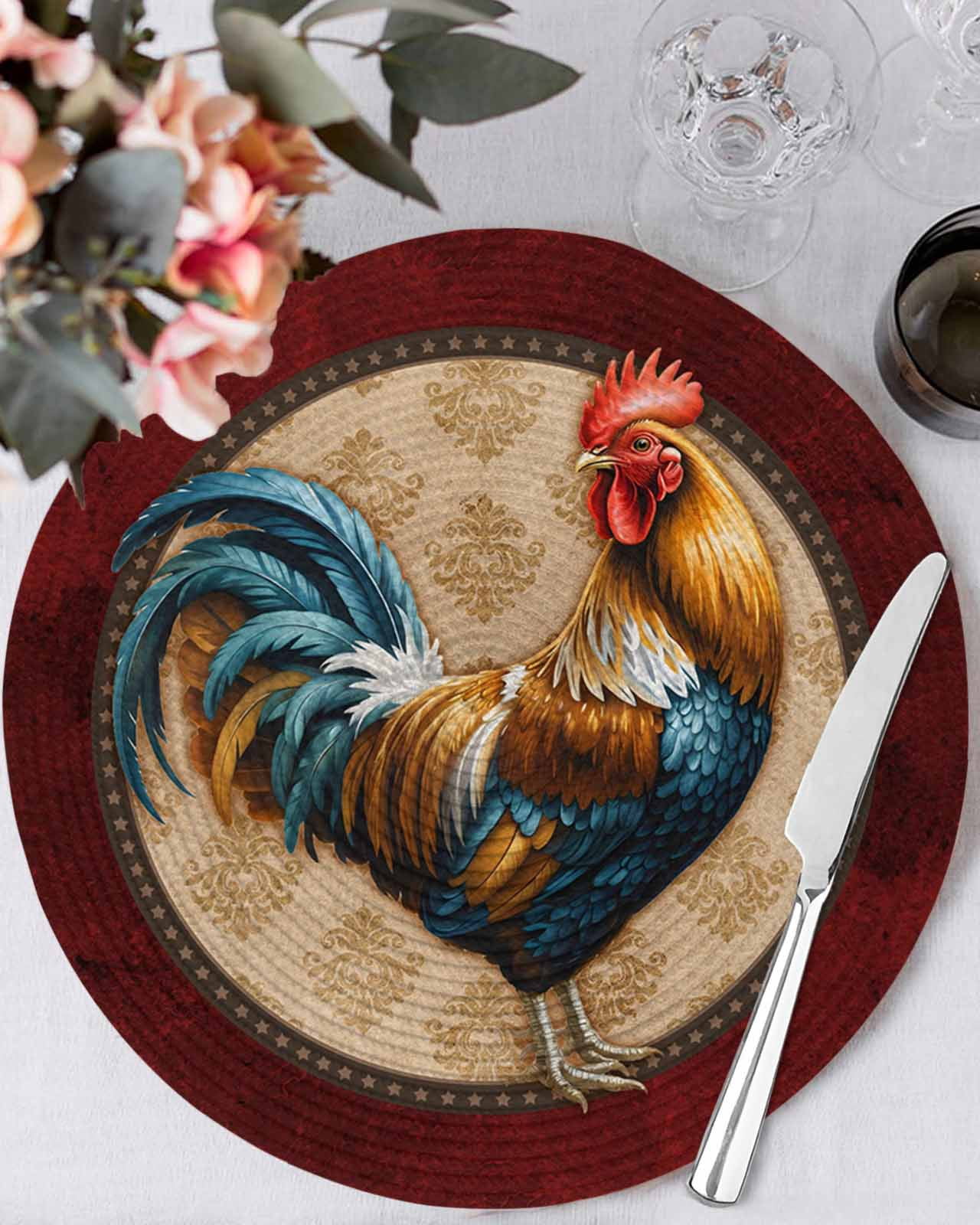 15 Inch Round Placemats Set of 6, Farm Rooster Non Slip Heat Insulation ...