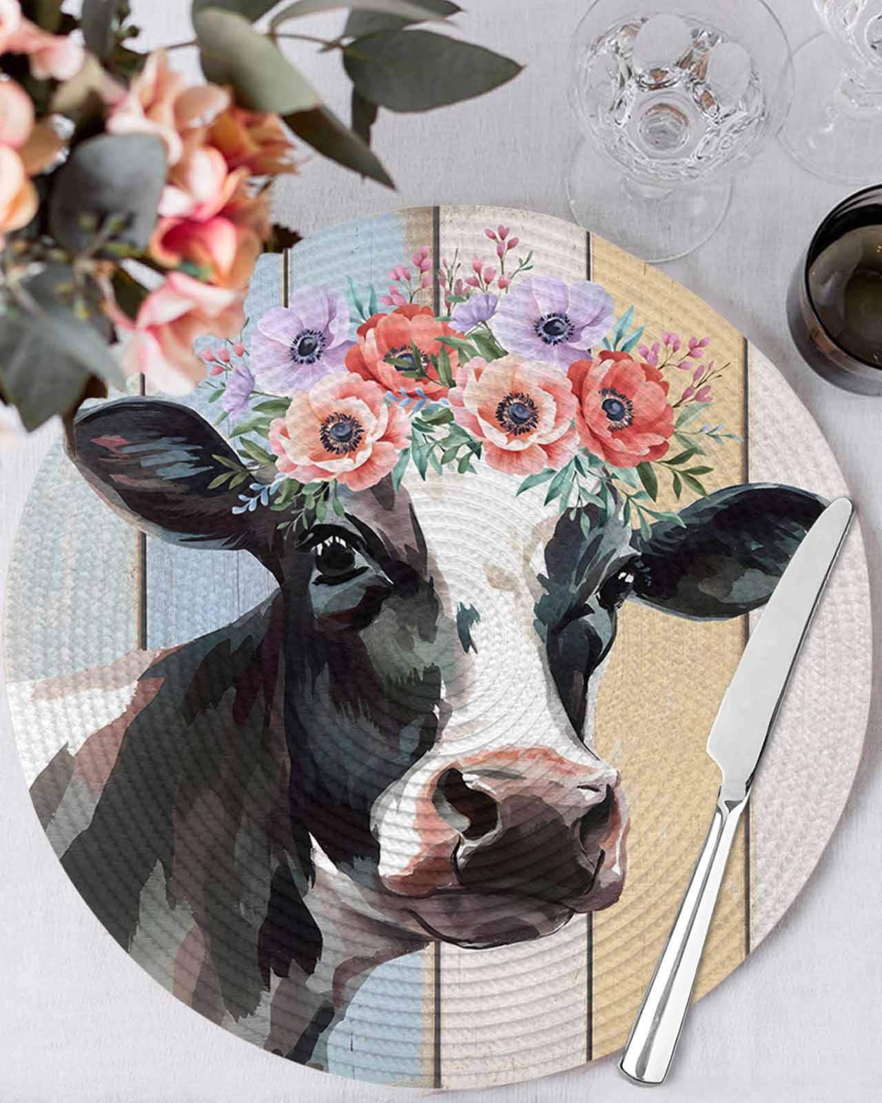 15 Inch Round Placemats Set of 6, Farmhouse Cow Non Slip Heat ...