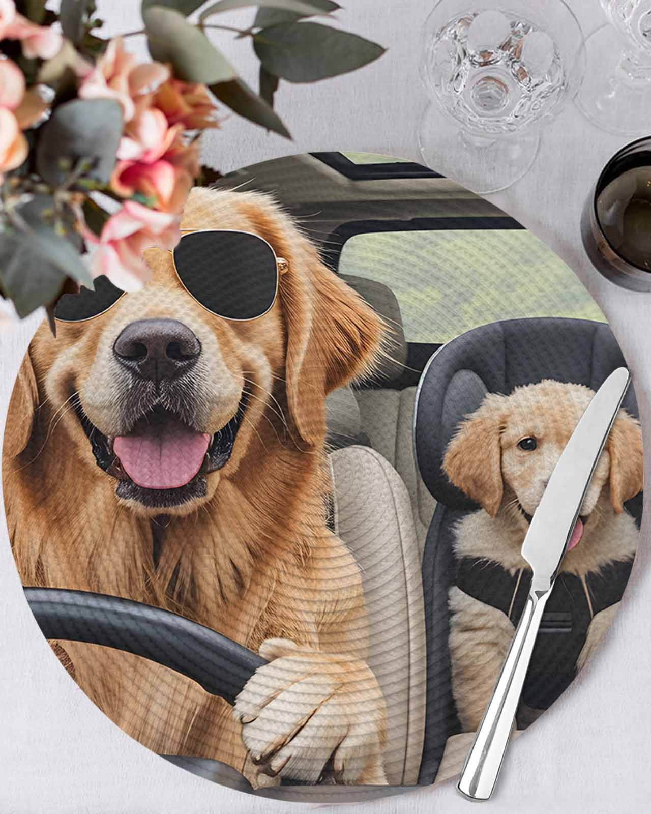 15 Inch Round Placemats Set of 6, Funny Dog Print Non Slip Heat ...