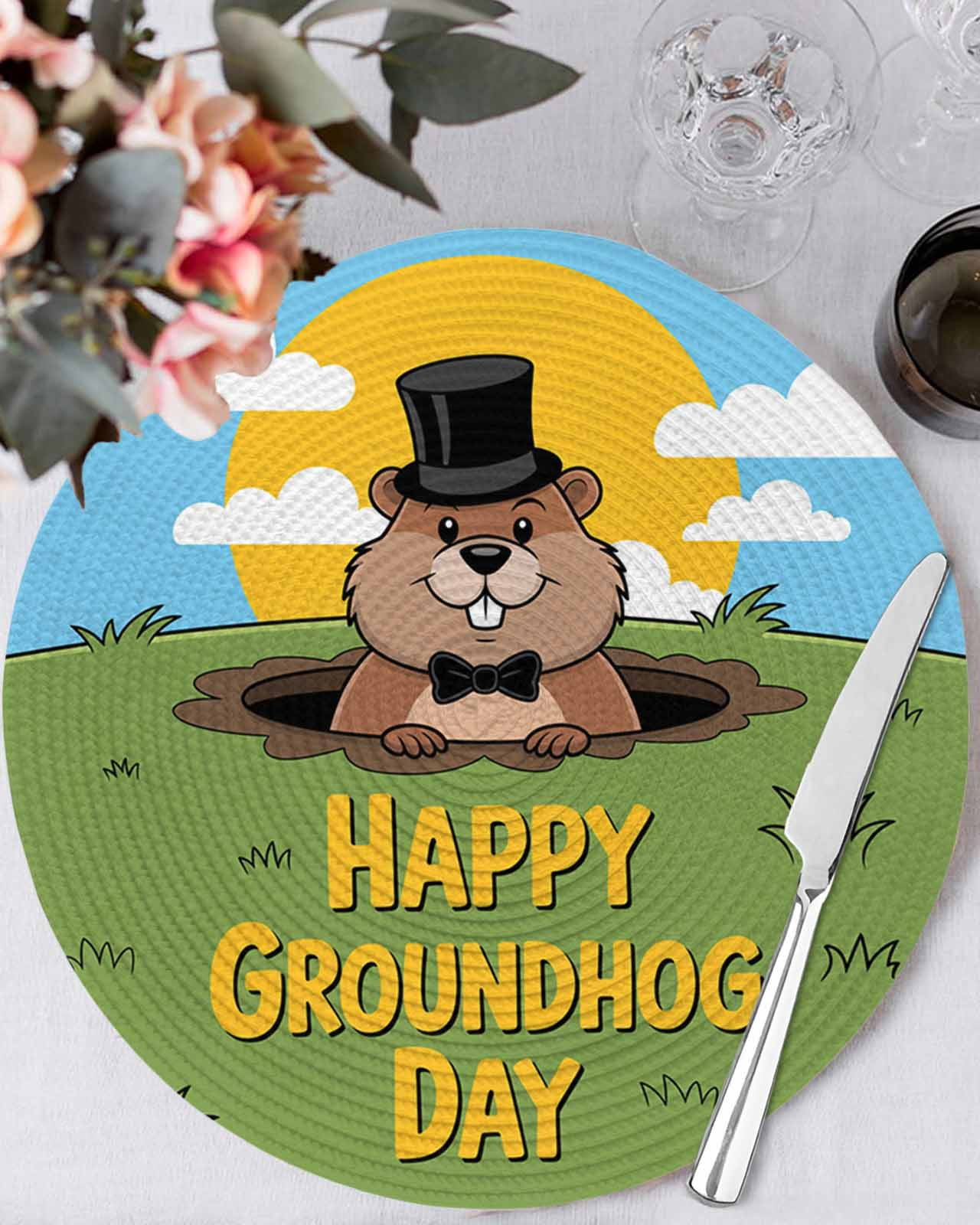 15 Inch Round Placemats Set of 6, Happy Groundhog Day Non Slip Heat ...