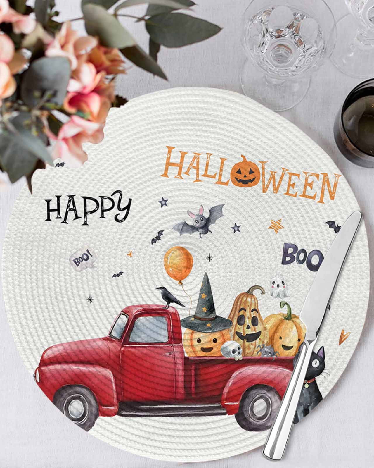 15 Inch Round Placemats Set of 6, Happy Halloween Non Slip Heat ...