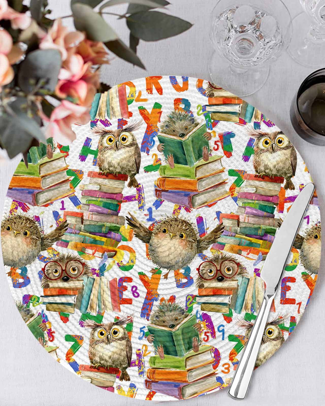 15 Inch Round Placemats Set of 6, Owls Book Non Slip Heat Insulation PP ...