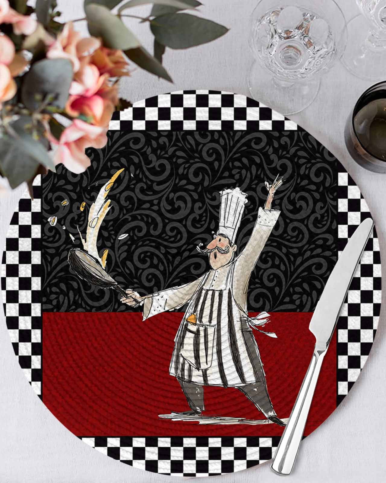 15 Inch Round Placemats Set of 6, Red Black Chef Non Slip Heat ...