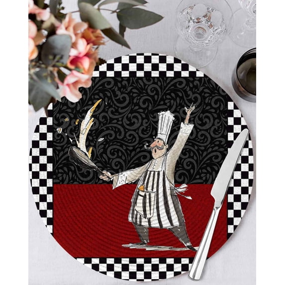 15 Inch Round Placemats Set of 6, Red Black Chef Non Slip Heat ...