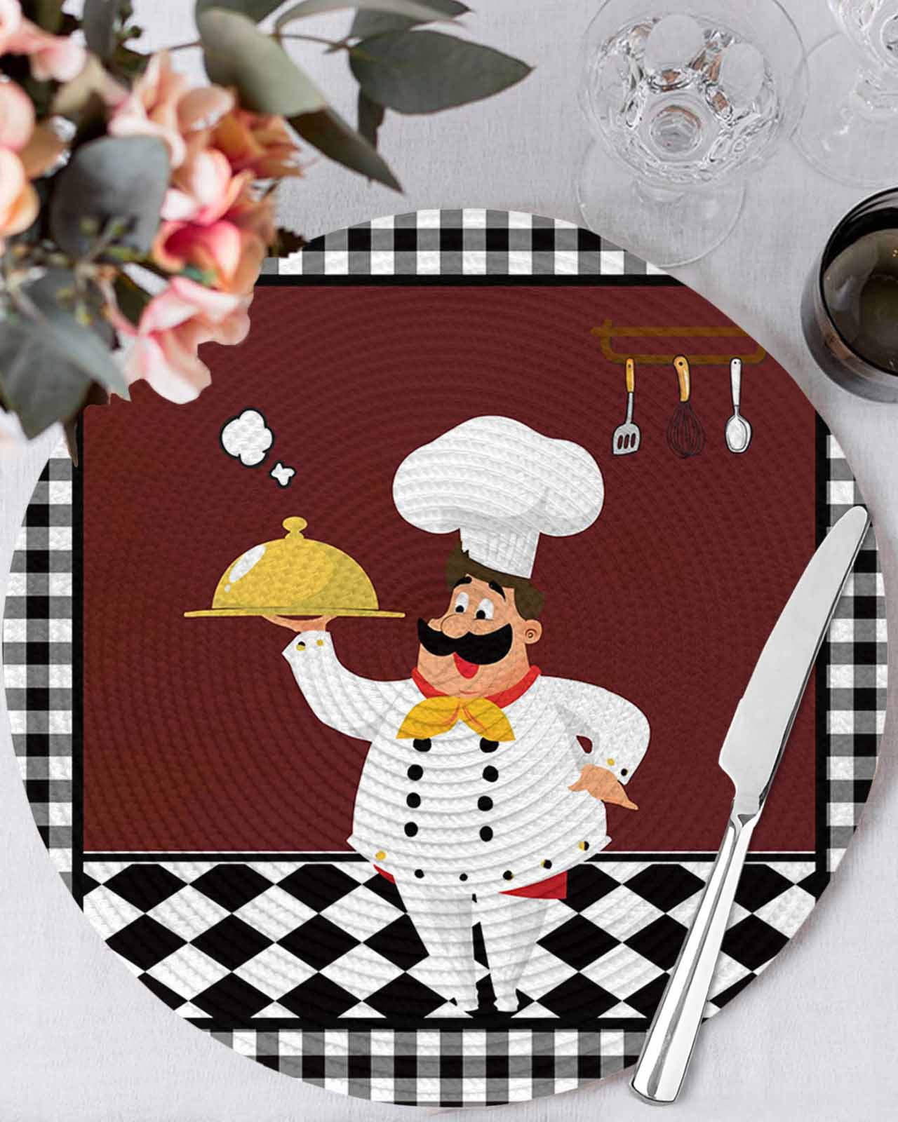 15 Inch Round Placemats Set of 6, Red Kitchen Chef Non Slip Heat ...