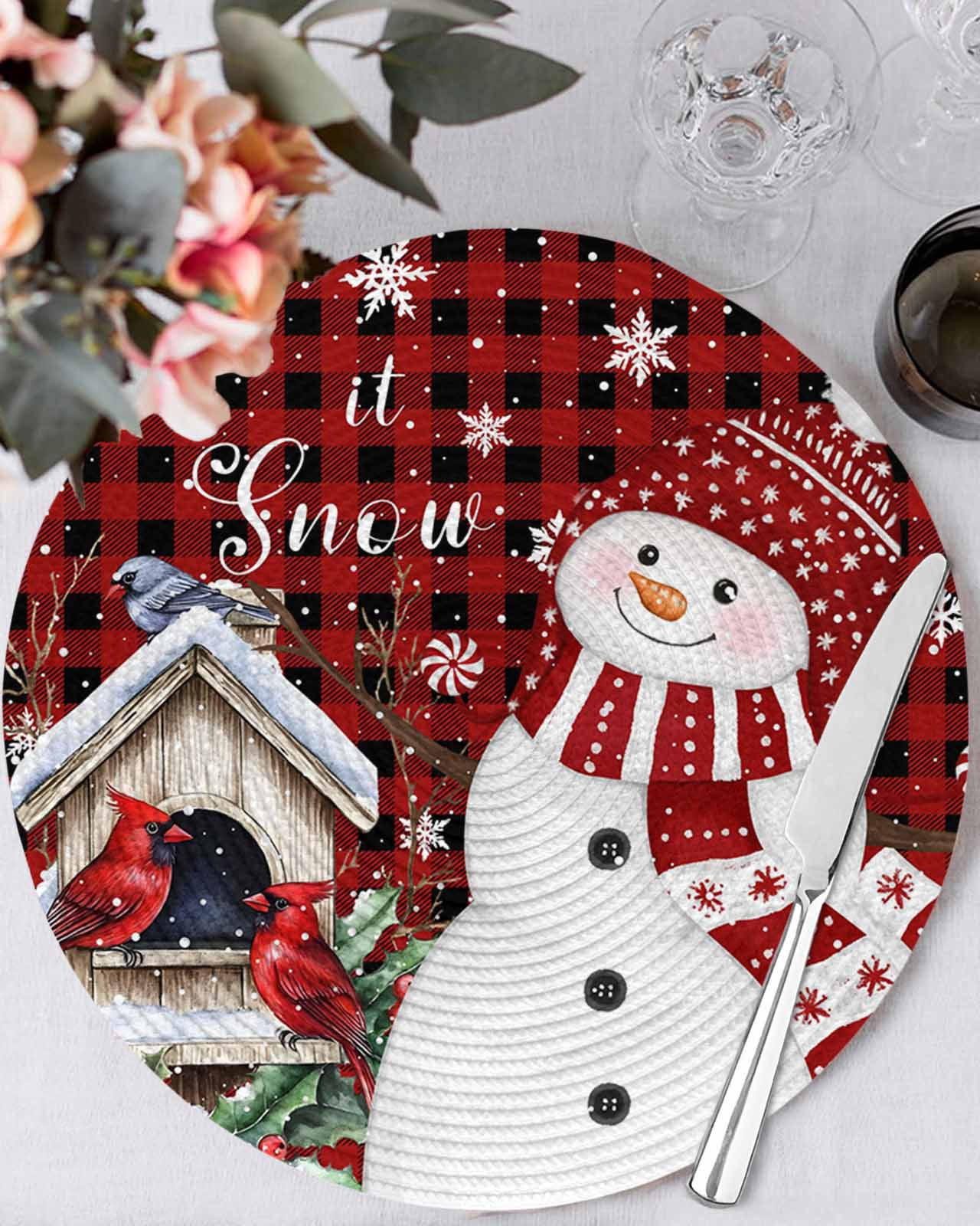 15 Inch Round Placemats Set of 6, Red Plaid Snowman Christmas Non Slip ...