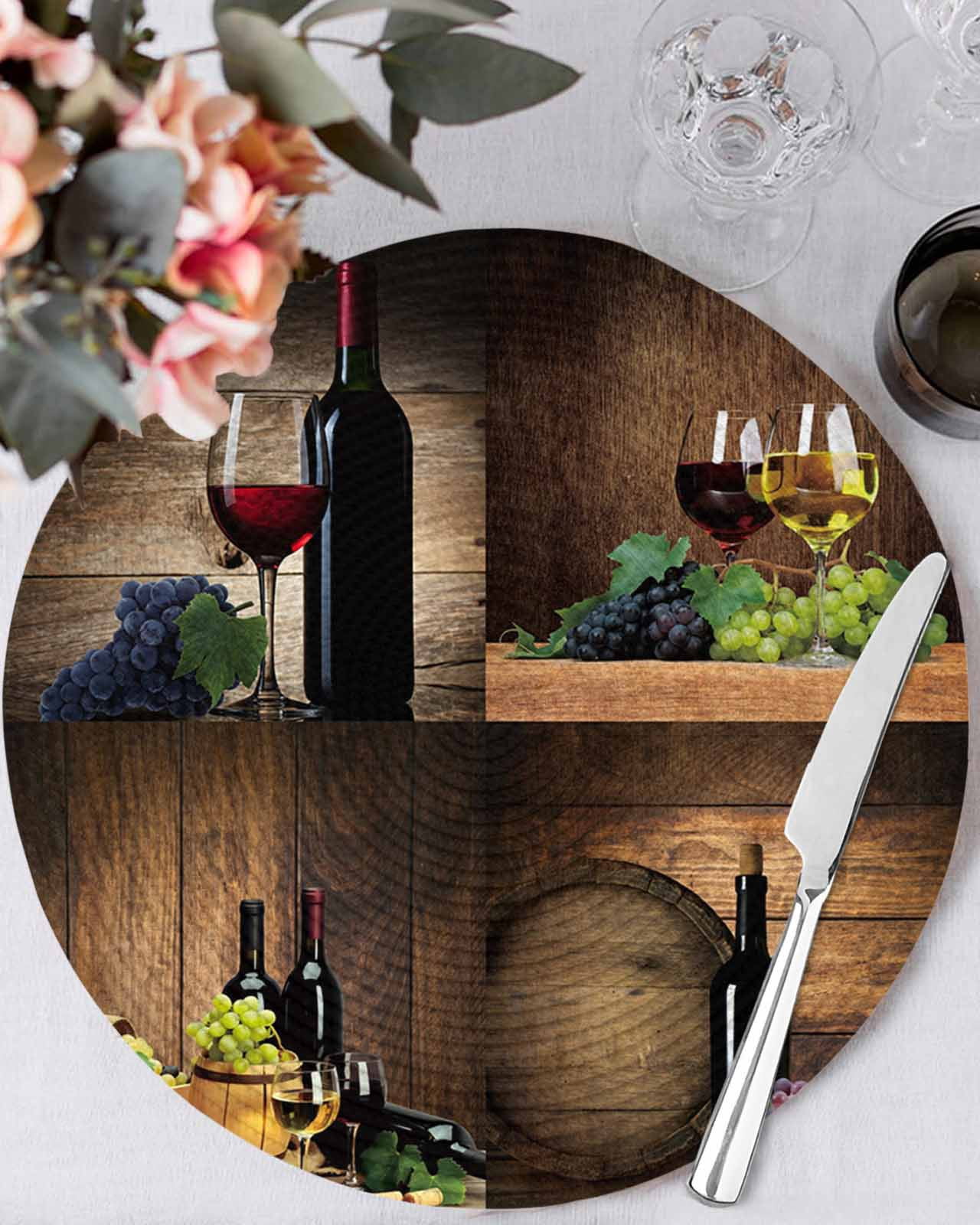 15 Inch Round Placemats Set of 6, Red Wine Non Slip Heat Insulation PP ...