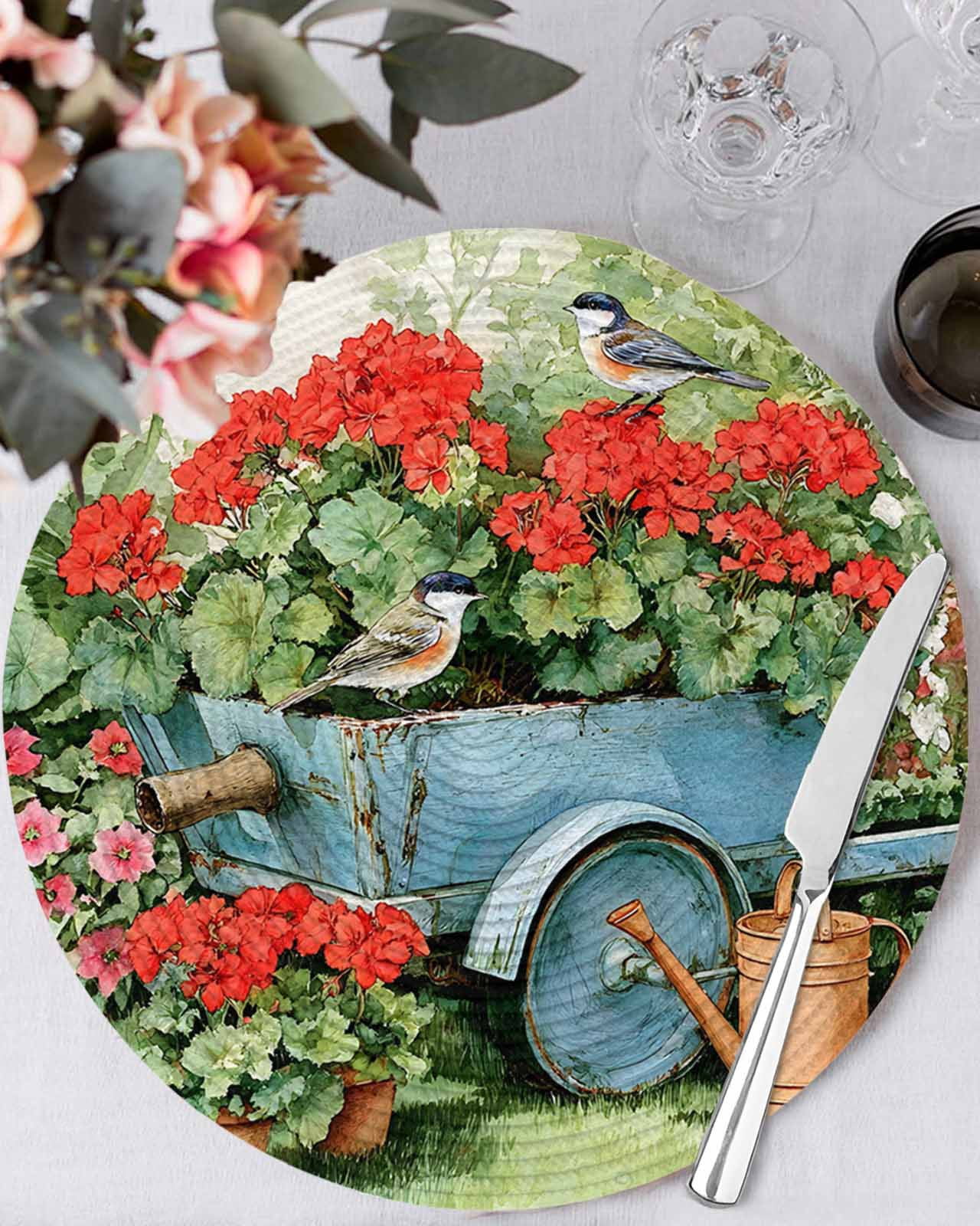 15 Inch Round Placemats Set of 6, Spring Floral Non Slip Heat ...