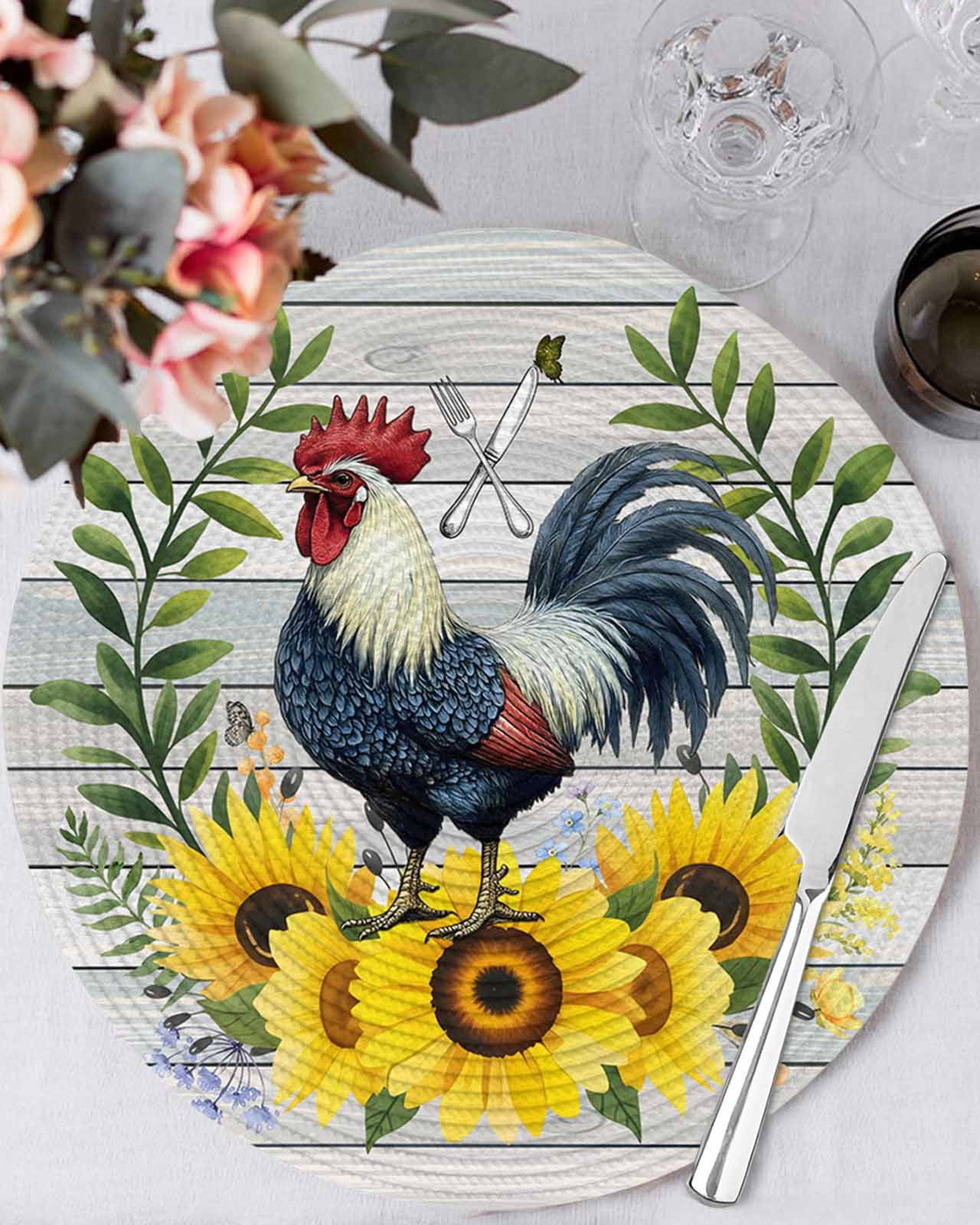 15 Inch Round Placemats Set of 6, Sunflowers Rooster Non Slip Heat ...