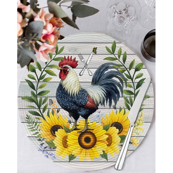 15 Inch Round Placemats Set of 6, Sunflowers Rooster Non Slip Heat ...