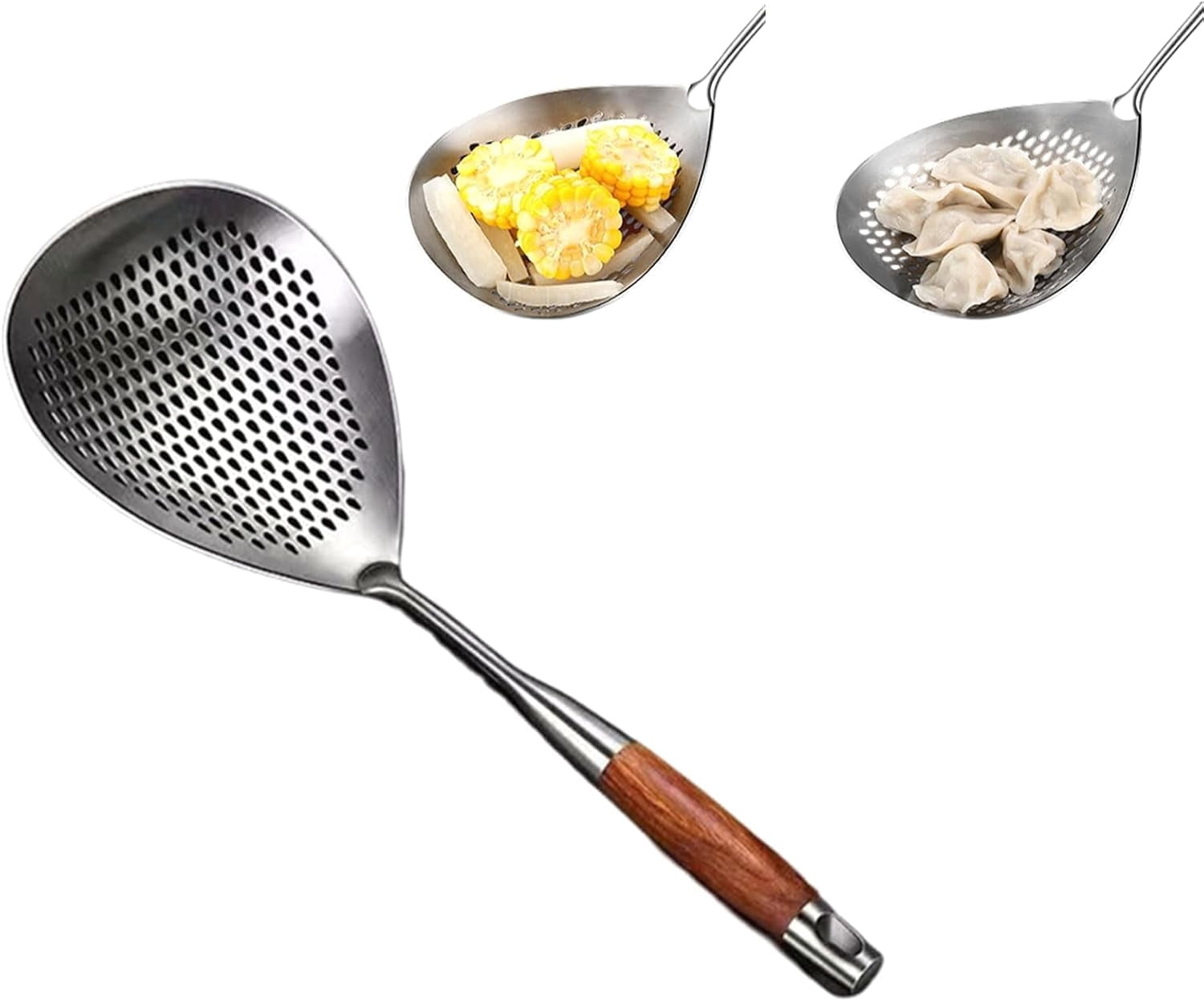 15-Inch Skimmer Slotted Spoon, Stainless Steel Ladle with Wood Handle ...
