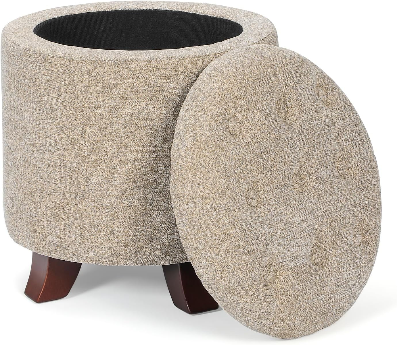 15 Inch Small Ottoman with Storage, Round Linen Fabric Storage Ottoman ...