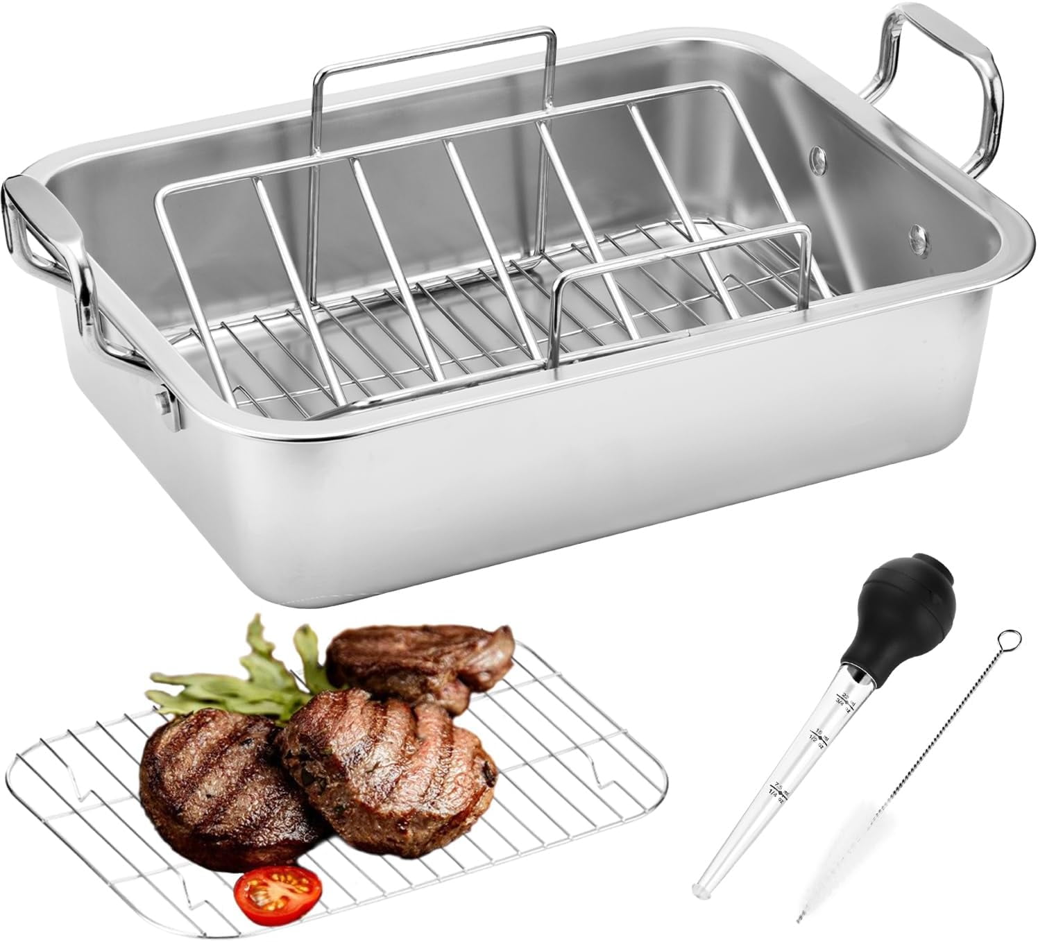 15 Inch Stainless Steel Roasting Pan with V-Shaped Rack and Turkey ...