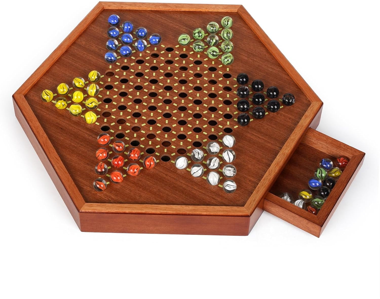 15 Inch Wooden Chinese Checkers Board Game Set 72 Glass Marbles Dual ...
