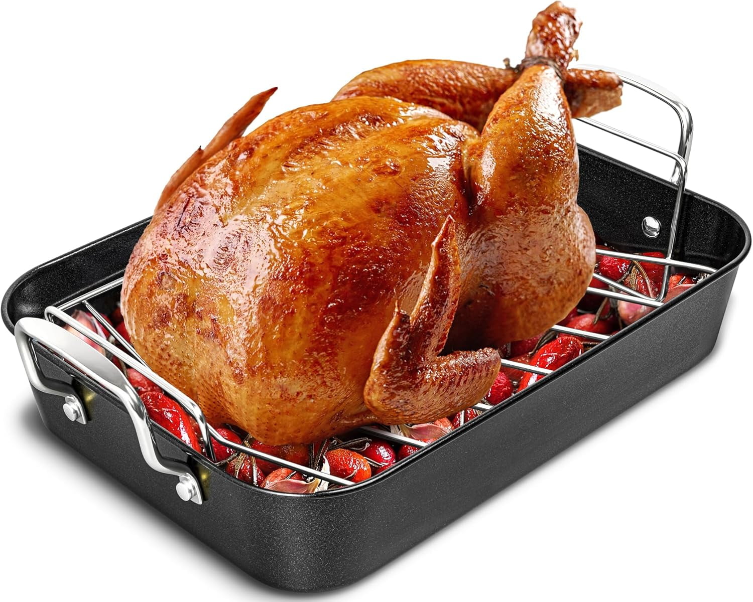 15 Inch X 11 Inch Carbon Steel Roasting Pan with Rack, Nonstick Turkey ...