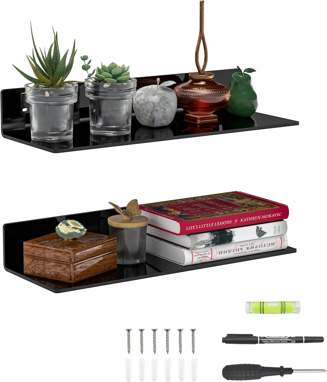 15 Inches Acrylic Wall Shelves 2 Pack, Floating Shelf for Wall Mounting, Acrylic Display Ledges ...