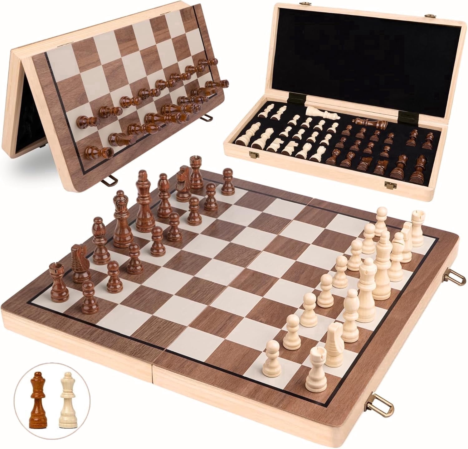15 Inches Magnetic Wooden Chess Set - 2 Extra Queens - Folding Board ...