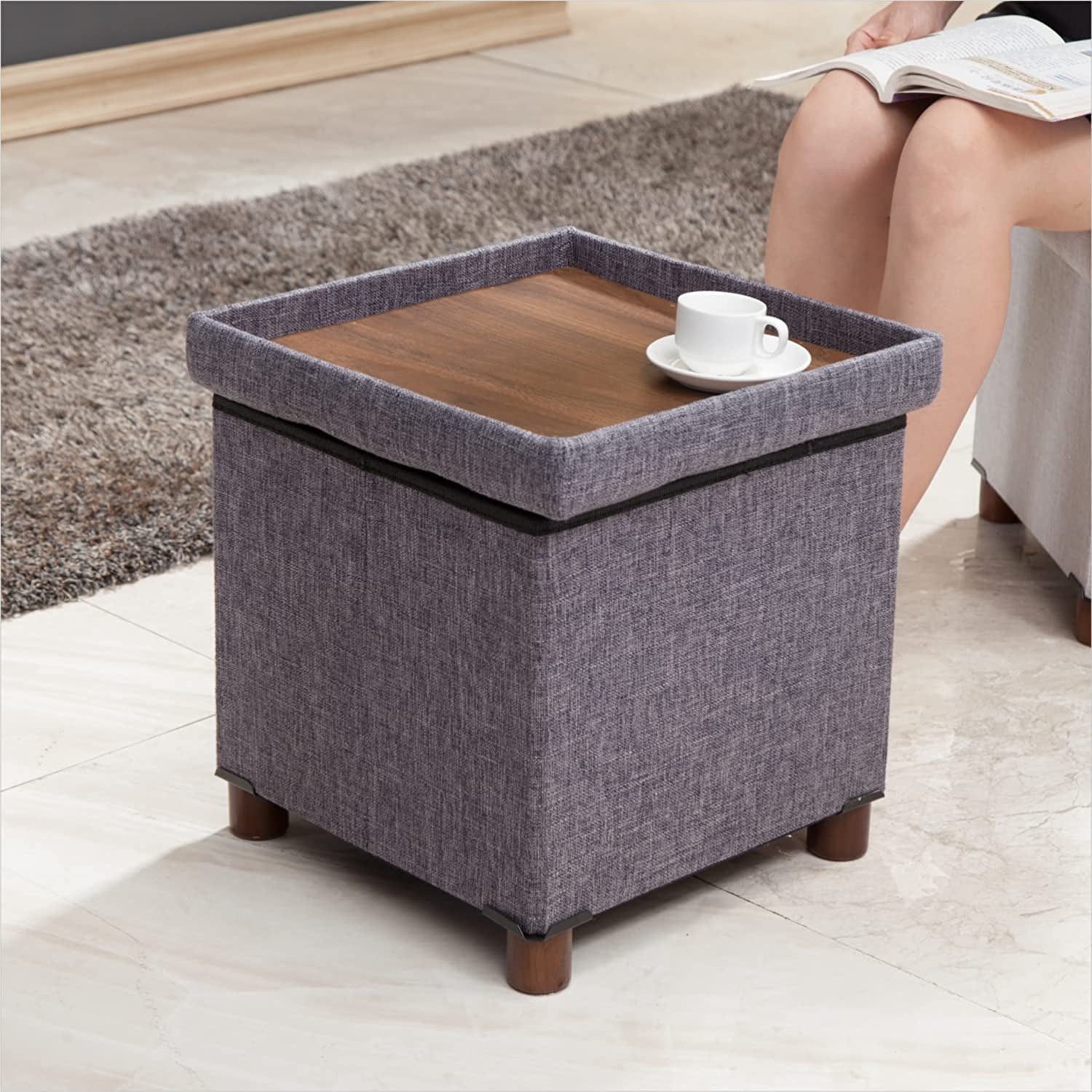15 Inches Storage Ottoman with Wooden Legs Cube Foot Rest Stool, Square ...