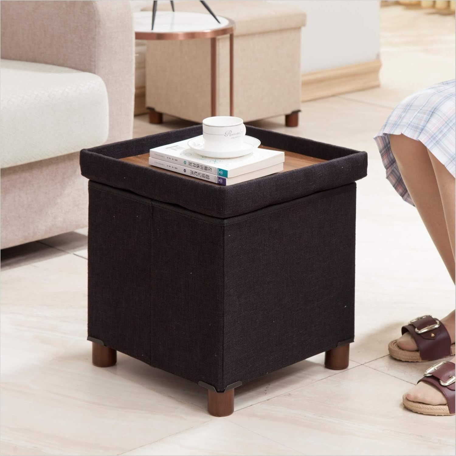 15 Inches Storage with Wooden Foot Rest Stool, Square Footstool Storage ...