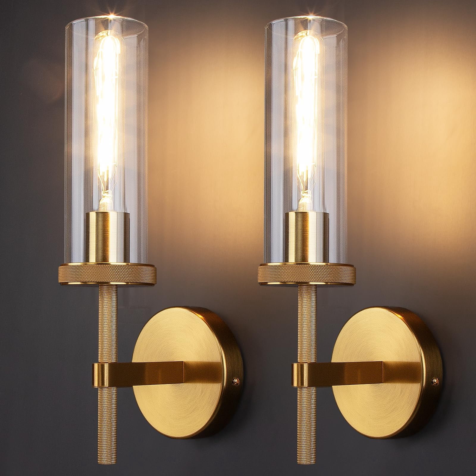 15" Knurled Gold Wall Sconces Set of 2, Bathroom Vanity Light Fixtures ...