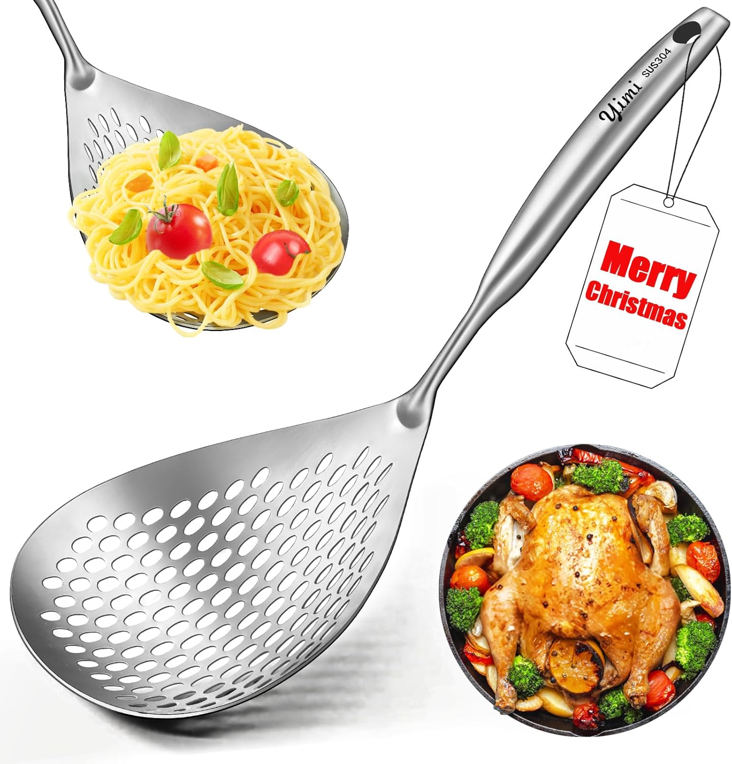 15'' Large Skimmer Slotted Spoon, 304 Stainless Steel Pasta Strainer ...