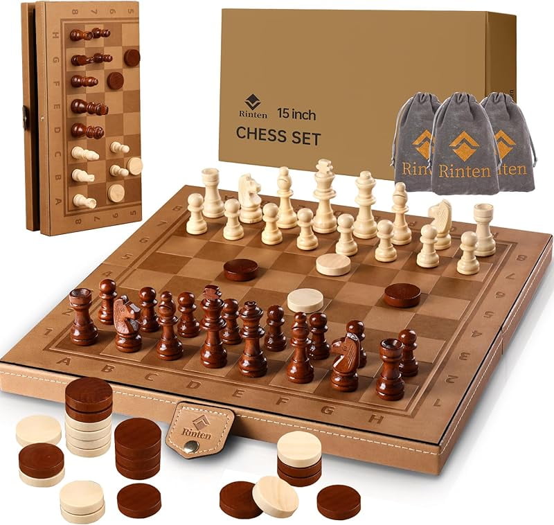 15" Magnetic Chess Set & Checkers Set 2 in 1，Rinten Leather Portable ...