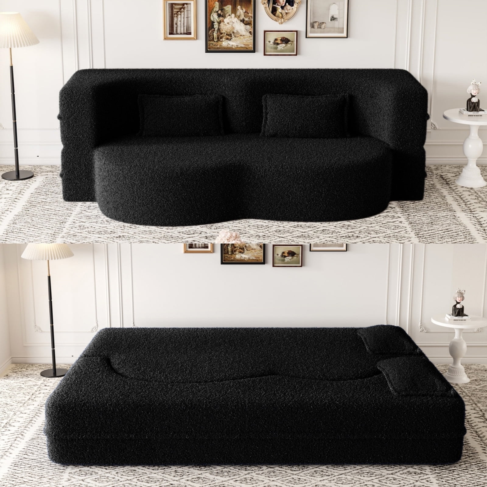 15"Modular Floor Sofa Bed, Full Size Folding Couch with 2 Pillows, No ...