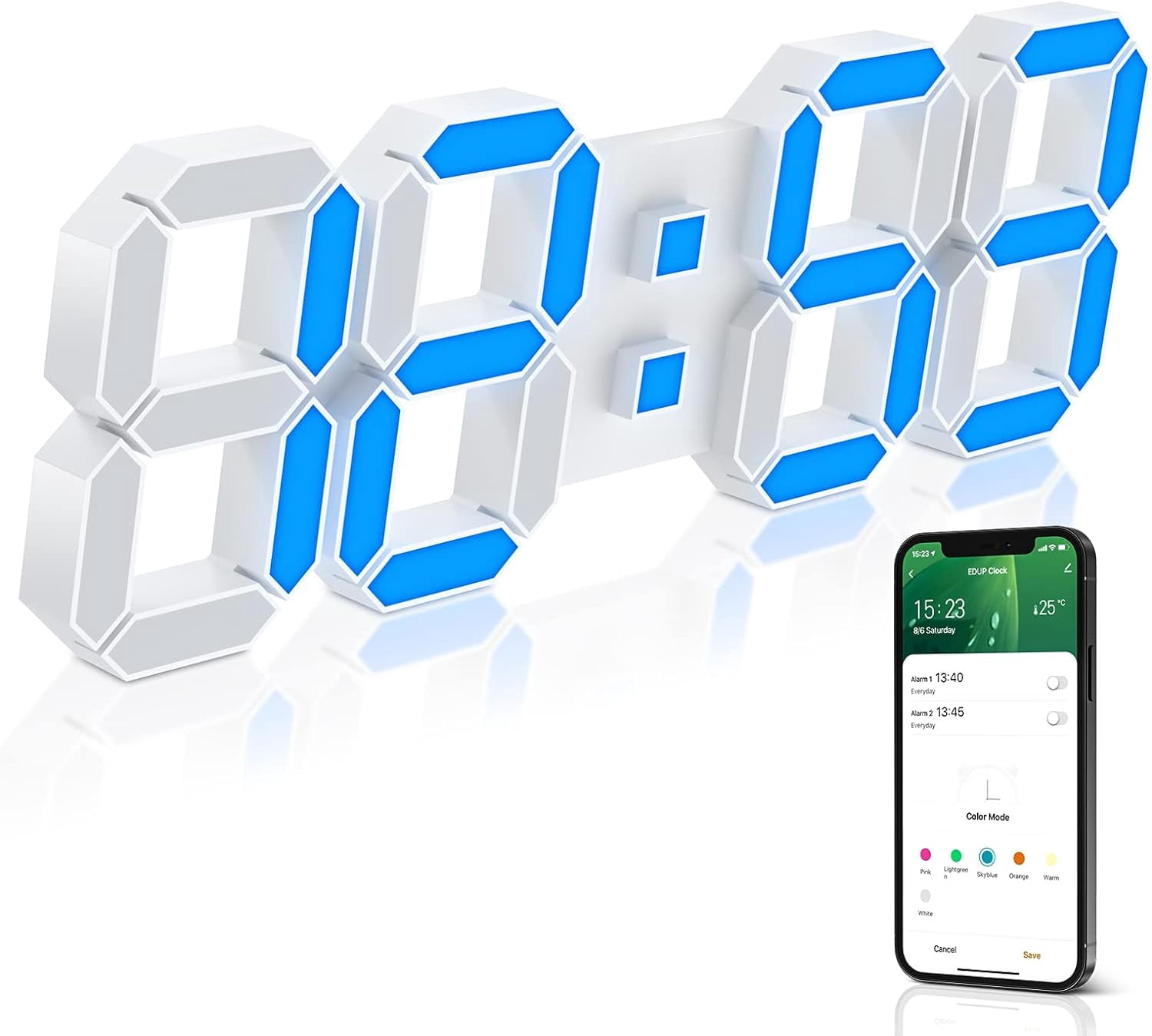 15" Multicolor LED Digital Wall Clock Alarm Clocks with APP Control, 3D ...