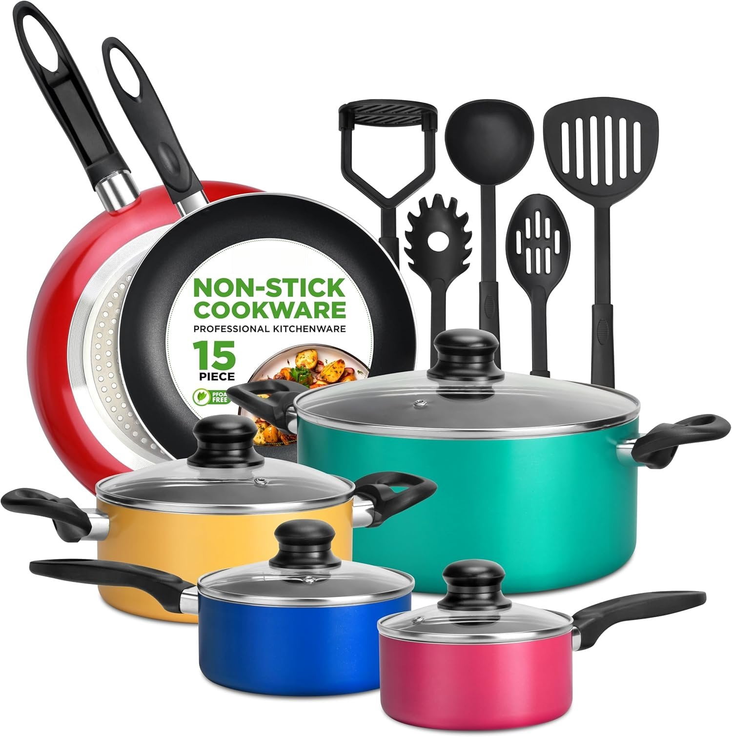 15- Non Stick Kitchen Cookware Set PFOA/PFOS-, Colorful Heat Resistant ...