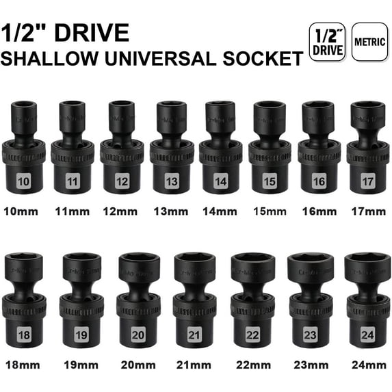 15 PCS 1/2" Drive Standard Universal Impact Socket Set, Metric, 10-24mm ...