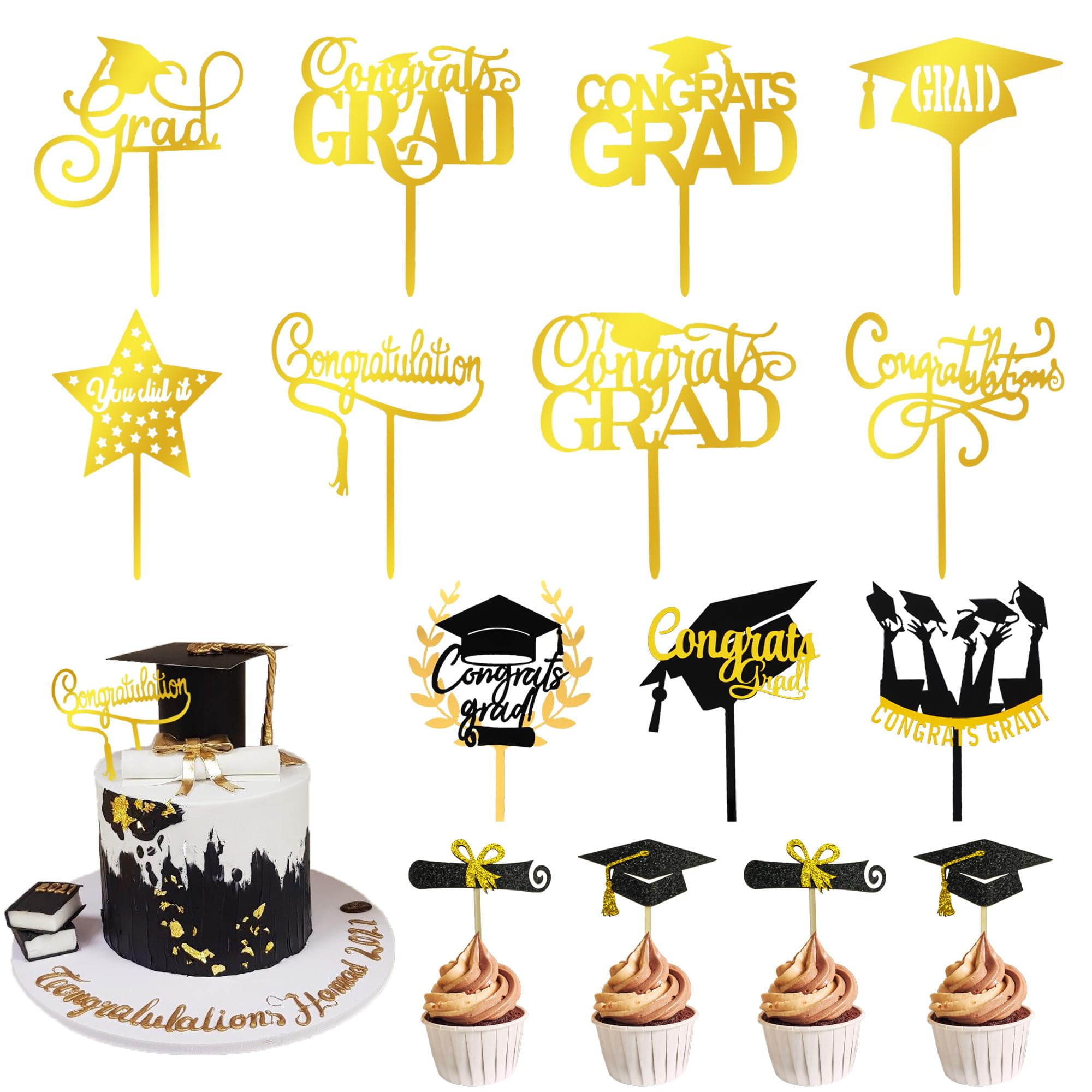 15 PCS Graduation FEV6 Cake Topper Gold Acrylic Cake Topper Glitter ...