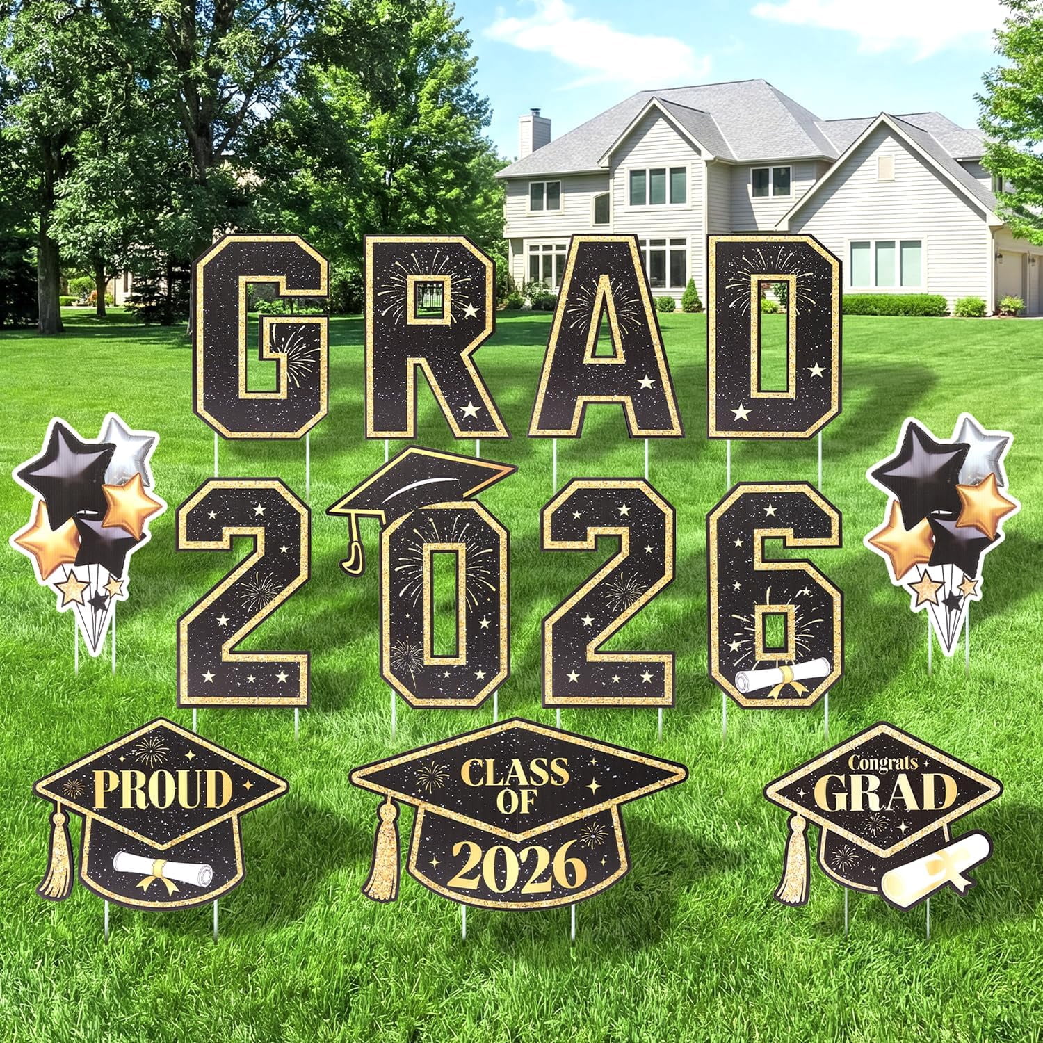 15 PCS Graduation Yard Signs Class of 2026, Black and Gold Graduation ...