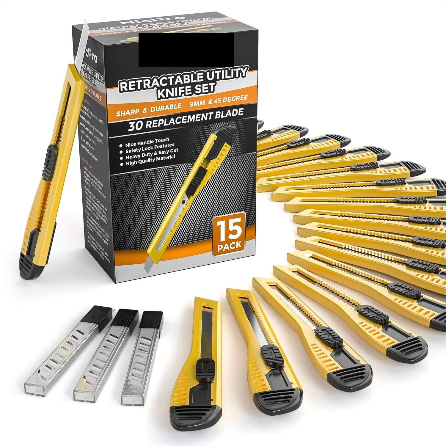 15 PCS Utility Knife Box Cutters Retractable Razor Knife 9mm with 30 ...