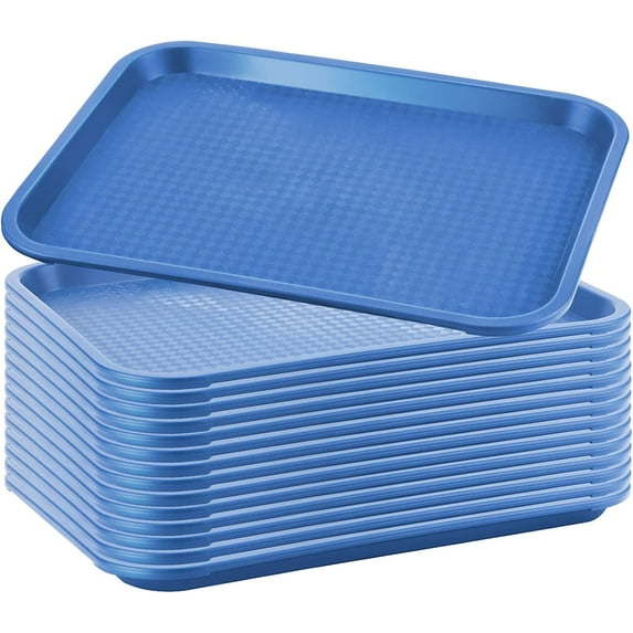 15 Pack 14 x 10 Inch Blue Large Fast Food Tray, Rectangular Plastic ...