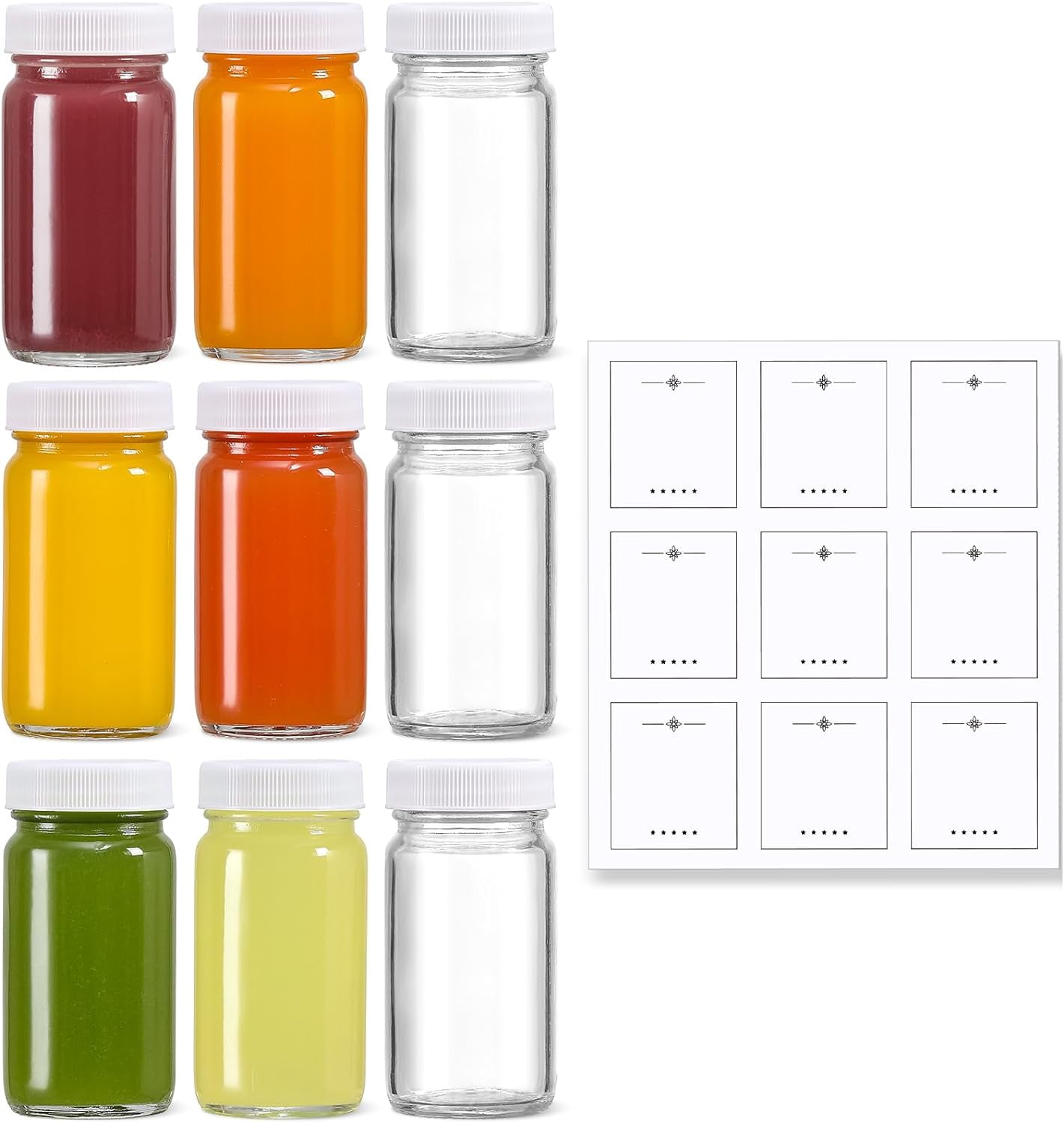 15 Pack 2 oz Glass Shot Mini Bottles w/ Black Lids & 15 Labels - Small ...