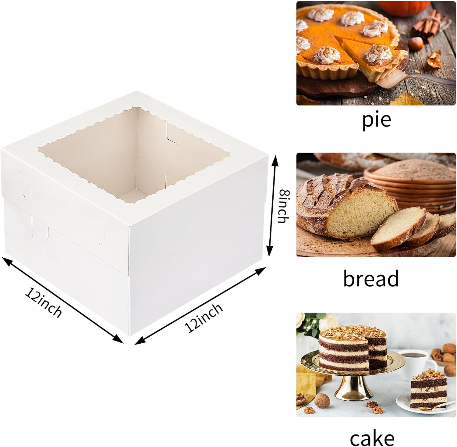 15-Pack Cake Boxes 12x12x8, White Tall Bakery Boxes with Clear Window ...