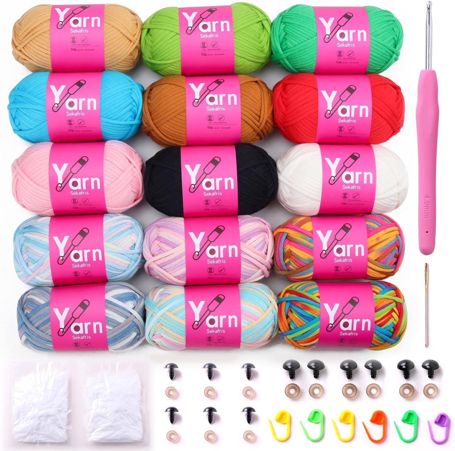 15 Pack Crochet Yarn Beginner - Black White Orange Red Green Rainbow ...