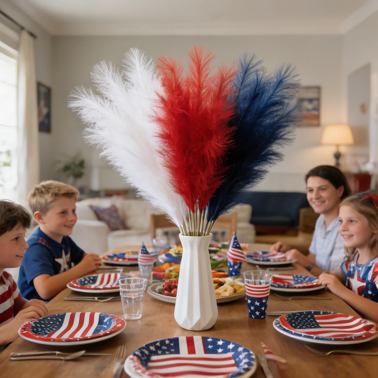 15 Pack Independence Day Artificial Puffy Pampas Grass Red White Blue ...