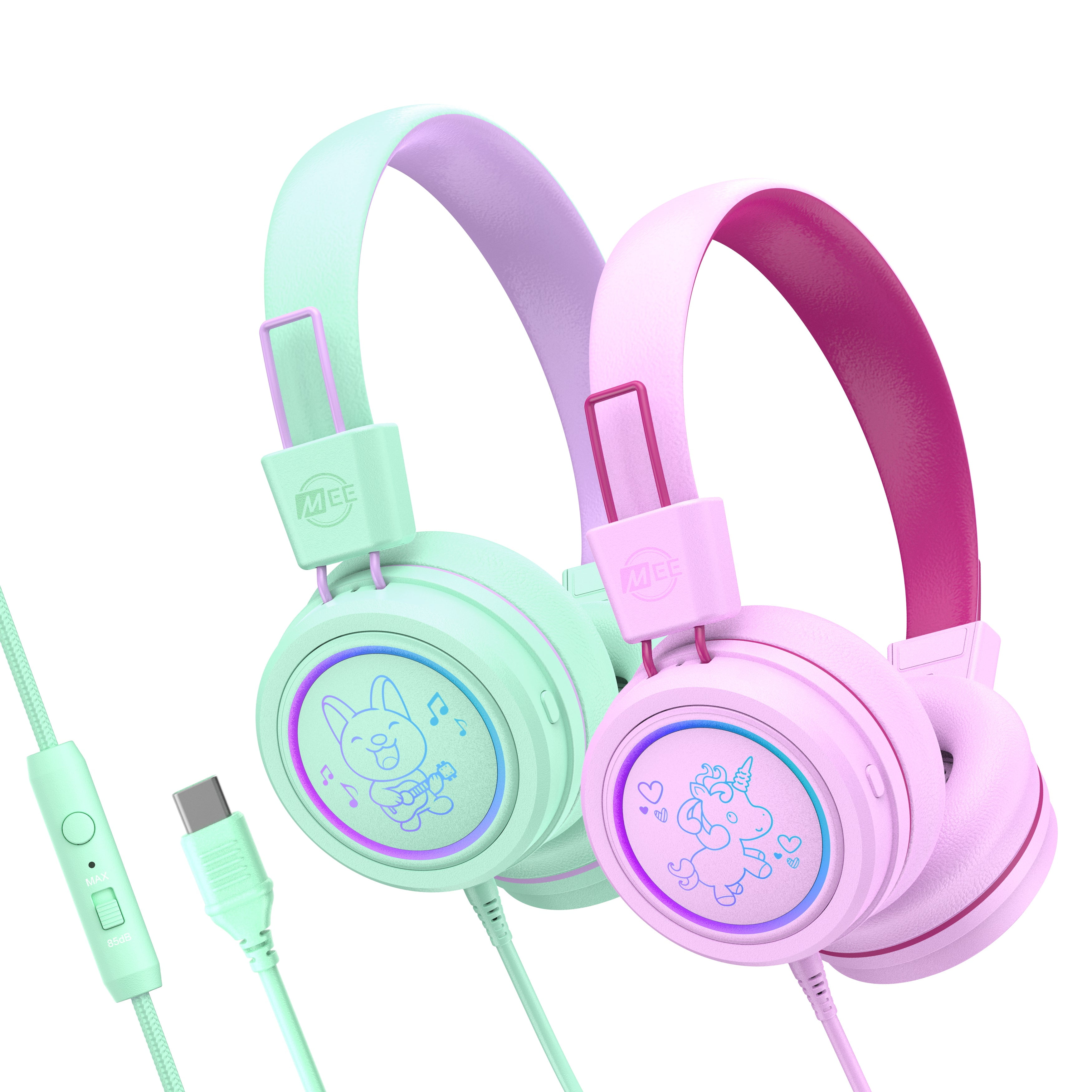 2 Pack Multicolor MEE audio KidJamz KJ55 Safe Listening USB-C Kids Headphones with LED Lights ...