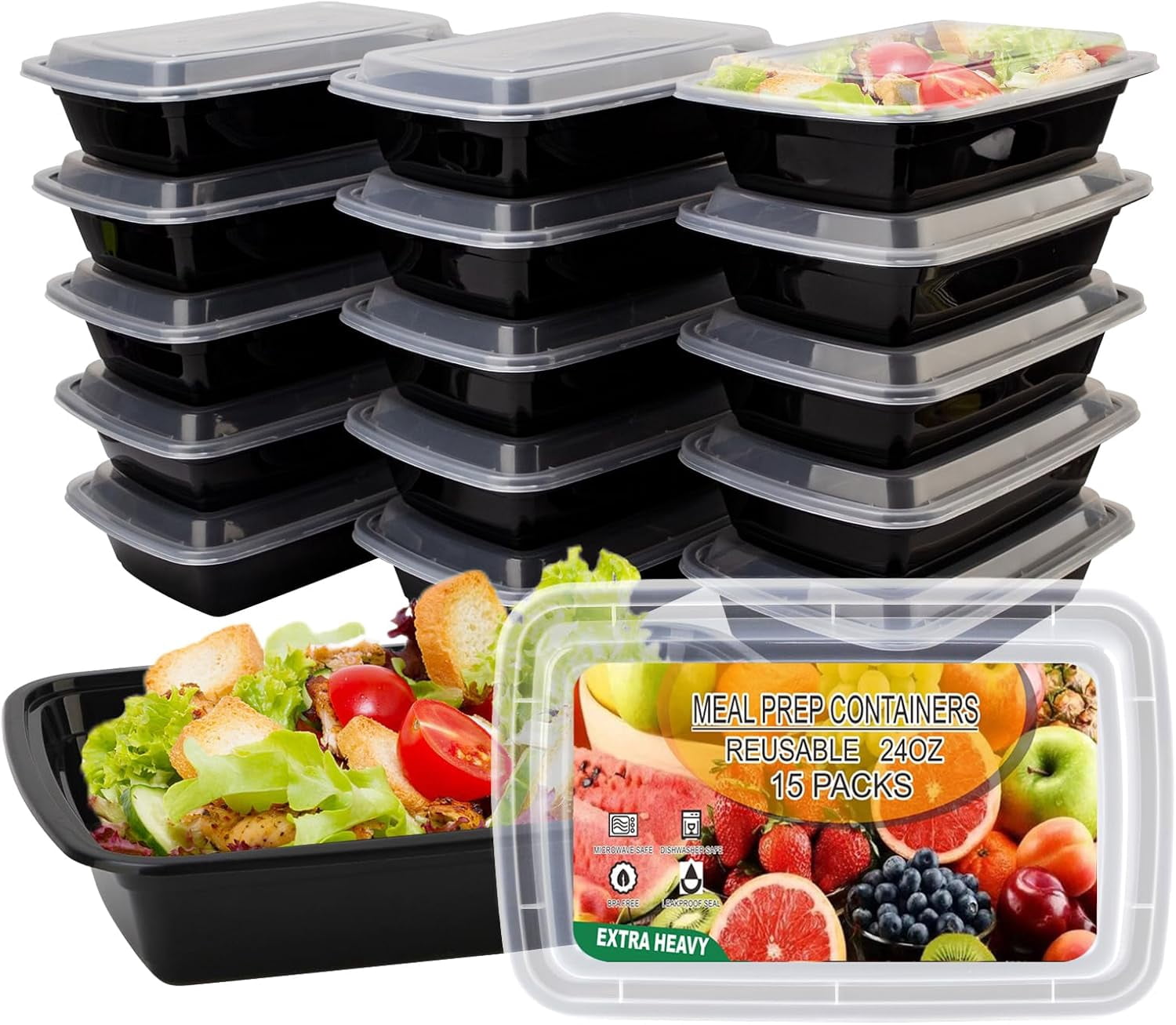15 Pack Meal Prep Containers 24oz Reusable Plastic Food Storage ...