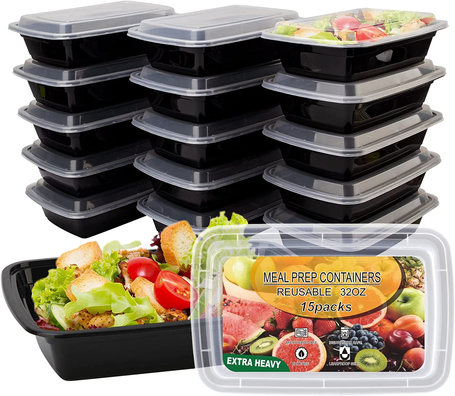 15 Pack- Meal Prep Containers 32oz, Plastic Food Prep Containers ...