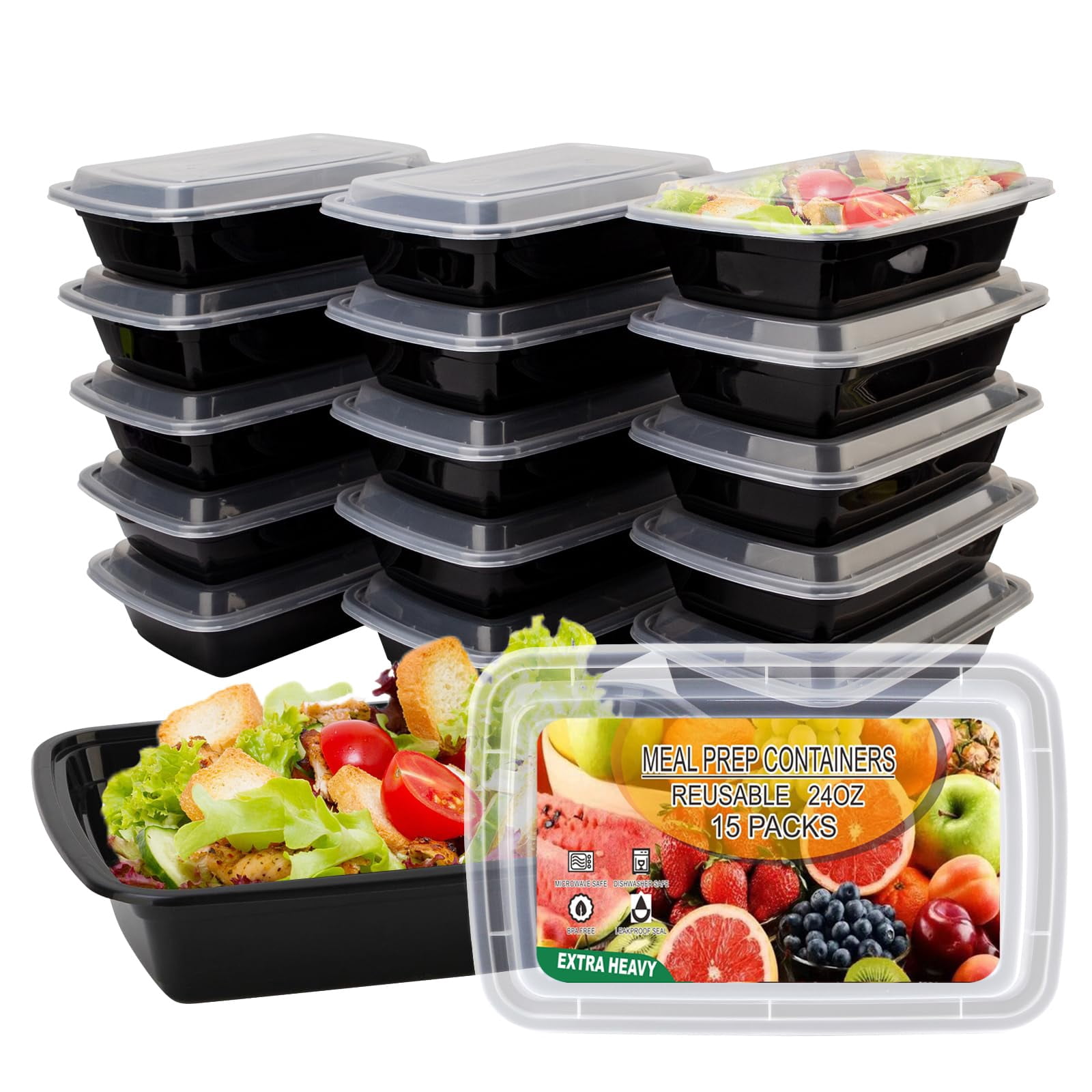 15 Pack Meal Prep Containers Reusable 24oz Plastic Food Leakproof To Go ...